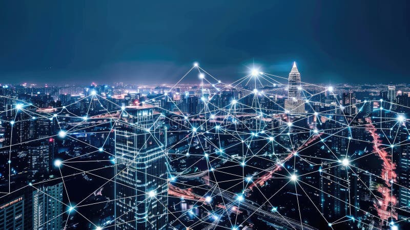 A Modern City at Night, Featuring Digital Lines and Data Points ...