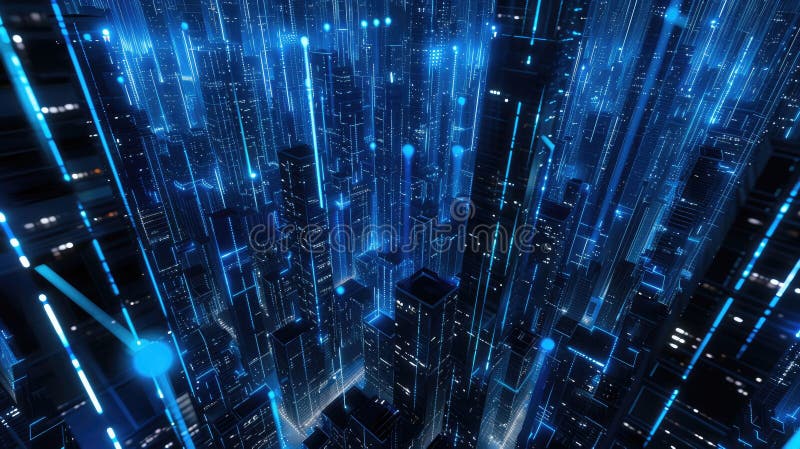 A Modern City at Night, Featuring Digital Lines and Data Points ...