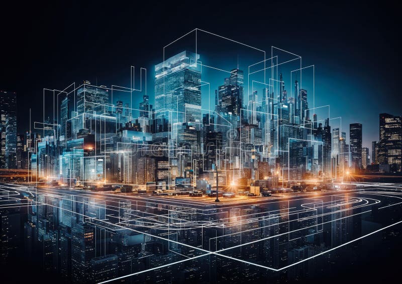 Modern City at Night with Light Lines and Buildings. 3D Rendering Stock ...