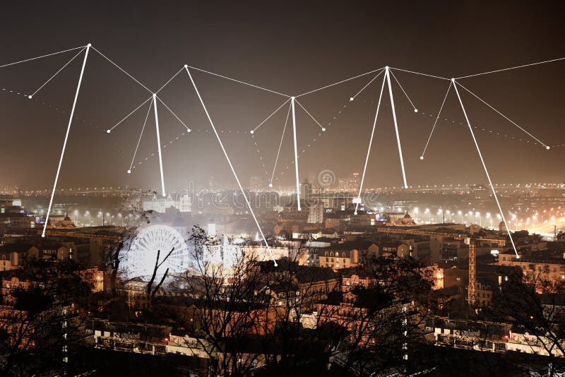 Modern City at Night and Radio Network. Connection Stock Photo - Image ...