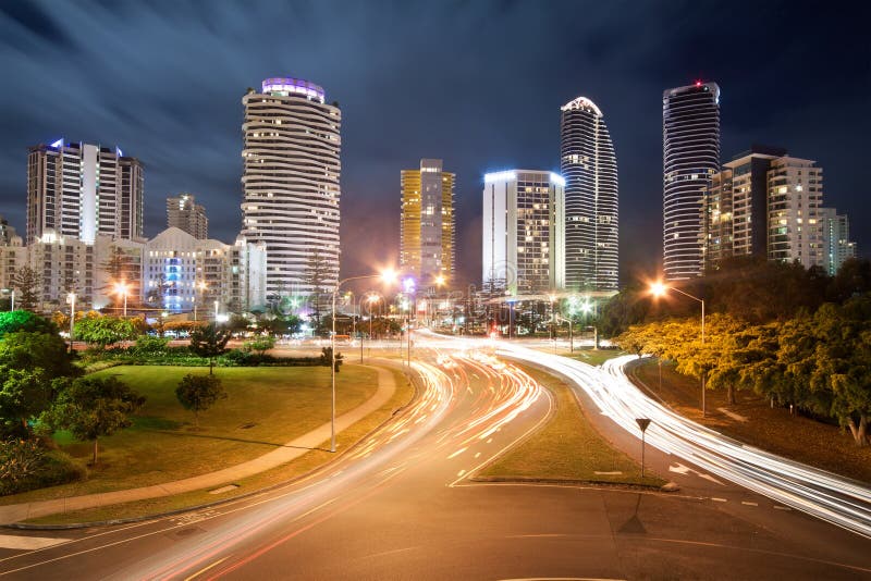Modern City at Night with Street Lights Stock Image - Image of blue ...