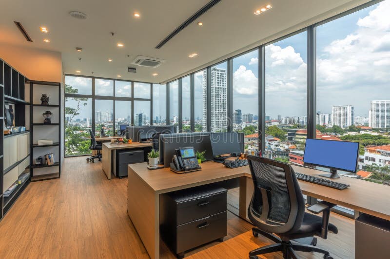 Modern City Office Workspace with Panoramic Views Featuring a Bright ...