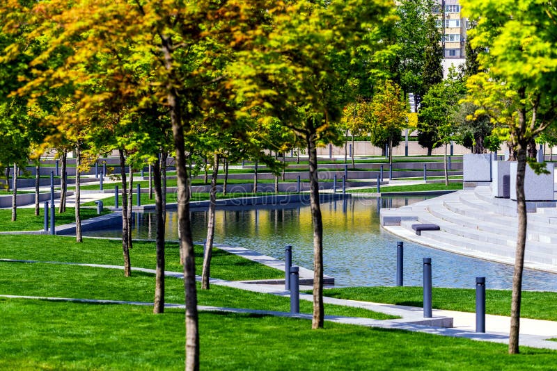 Modern City Park with with Different Trees. Public Relax Place in Big ...