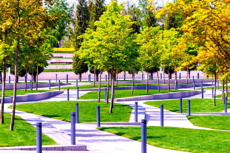 Modern City Park with with Different Trees. Public Relax Place in Big ...