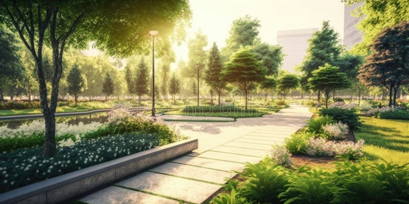 Modern City Park with Lots of Greenery and Trees. Generative Ai Stock ...
