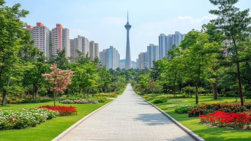 Modern City Park with Lush Greenery, Pathway, and Towering Skyscraper ...