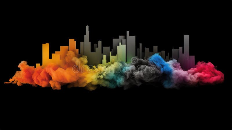 A Modern City in a Realistic Logo Design with Colored Smoke and Smog ...