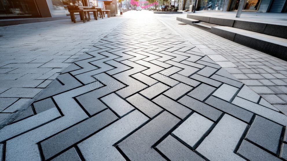 A Modern City Sidewalk Showcases a Geometric Brick Pattern with a ...