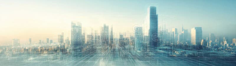 Modern City Skyline with Abstract Digital Overlay at Sunrise Stock ...