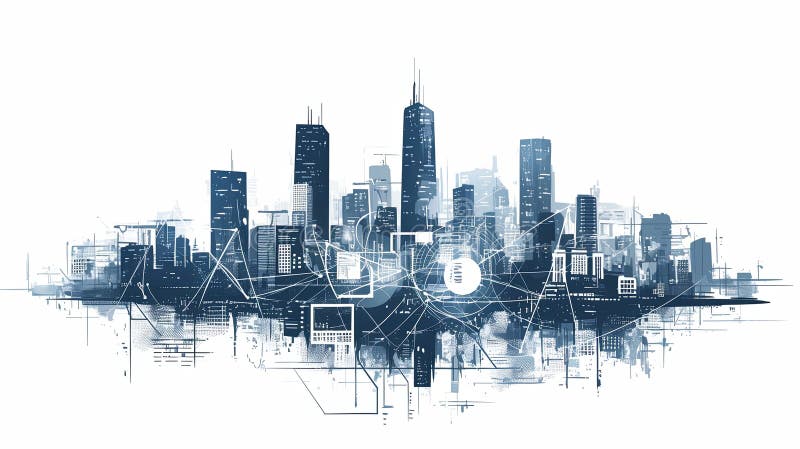 Modern City Skyline with Abstract Technology Network Overlay Stock ...