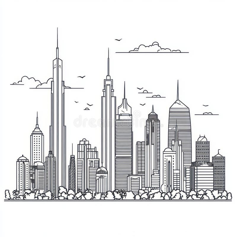 Modern City Skyline Black and White Line Art Drawing Stock Illustration ...