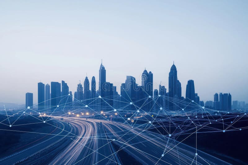 Modern City Skyline at Dawn. Highway Network Shows Tech-enhanced Urban ...
