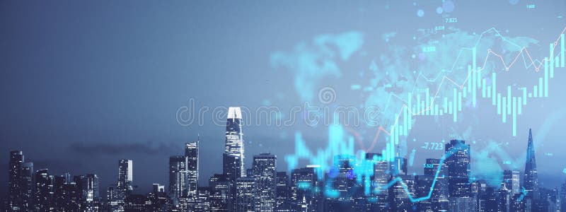 Modern City Skyline with Digital Financial Graph Overlay and Glowing ...