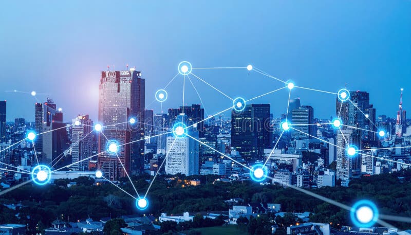 Modern City Skyline with Digital Network Connections Overlaid ...