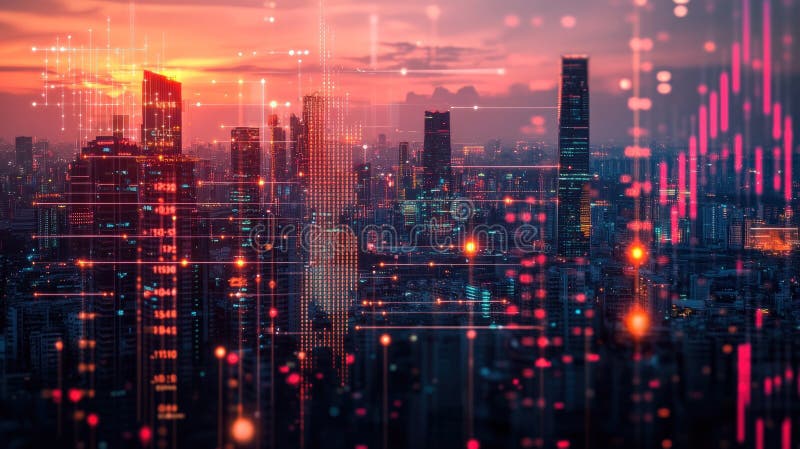 Modern City Skyline with Digital Overlay Stock Illustration ...