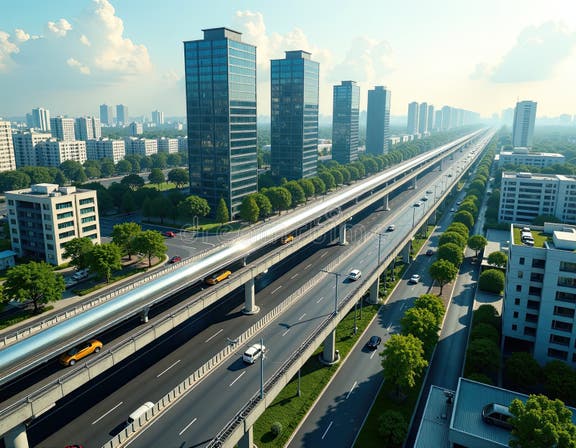 Modern City Skyline with Elevated Train and Highway Stock Illustration ...