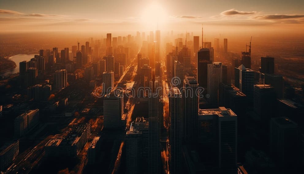 Modern City Skyline Glows Multi Colored at Dusk, Reflecting Business ...