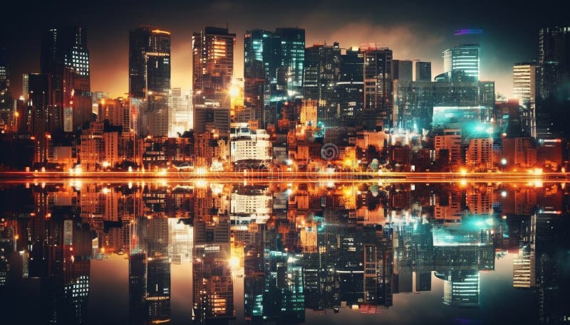 Modern City Skyline Glows with Multi Colored Lights at Night Generated ...