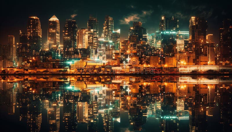 Modern City Skyline Glows with Multi Colored Lights at Night Generated ...