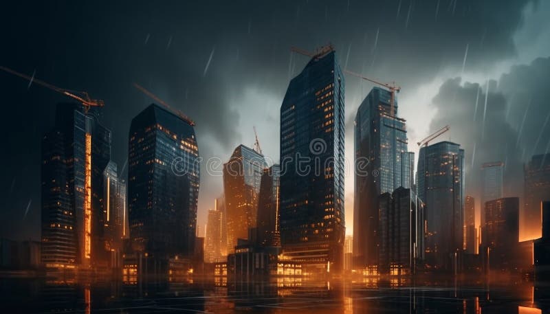 Modern City Skyline Glows with Multi Colored Lights at Nightfall ...