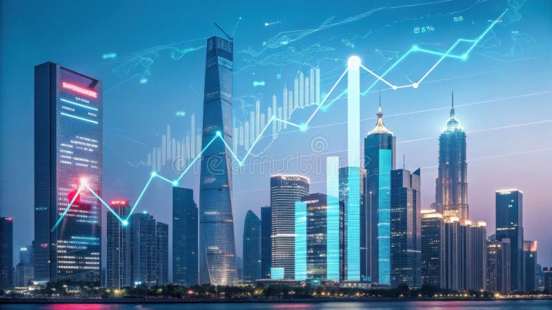 Modern City Skyline with Graphs and Data Visualization Elements Stock ...