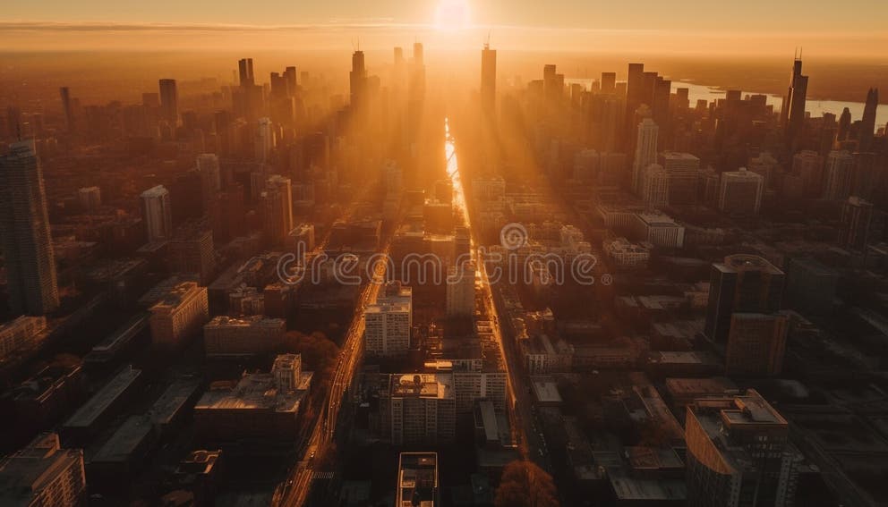 Modern City Skyline Illuminated by Glowing Sunset, High Up Viewpoint ...
