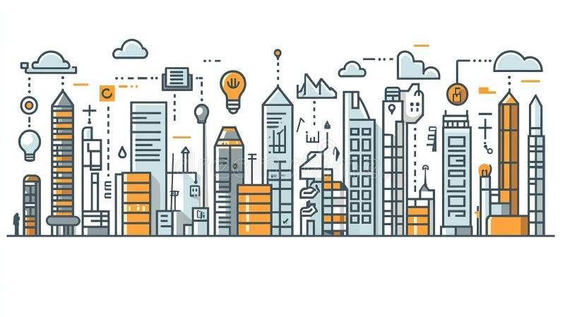 Modern City Skyline Illustration with Interconnected Elements Stock ...