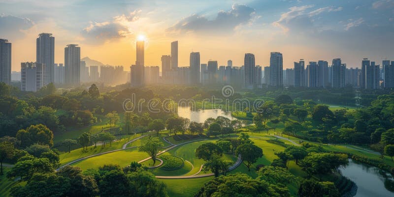 Modern City Skyline with Lush Green Park, Winding Paths, and a River at ...