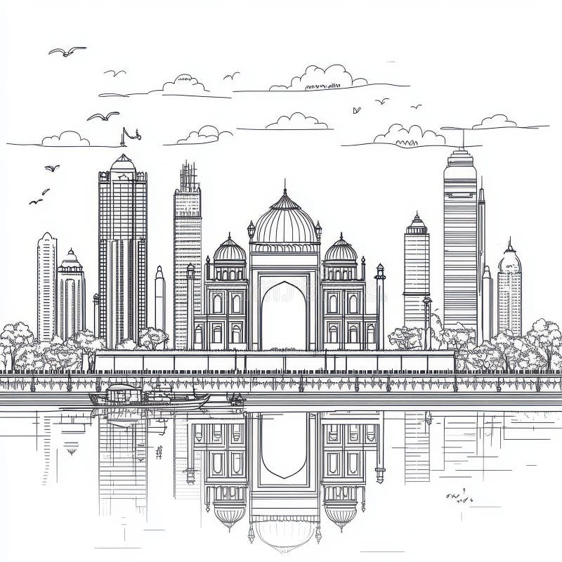 Modern City Skyline with Majestic Arch and Reflection Stock ...