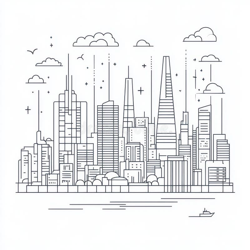 Modern City Skyline Minimalist Line Art Design Stock Illustration ...