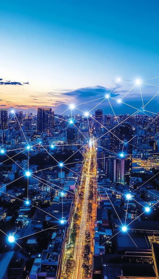 Modern City Skyline with Network Connection Lines, Lights, Technology ...
