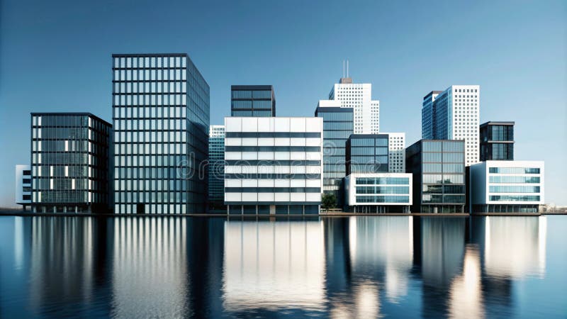 Modern City Skyline with Reflections in Water Stock Illustration ...