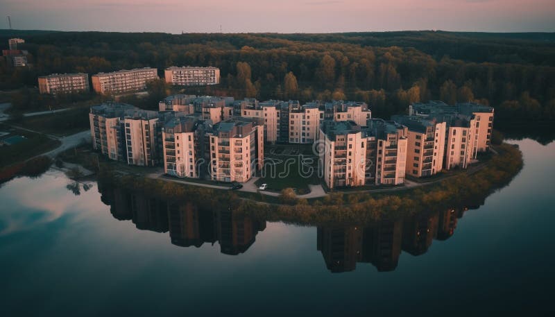 Modern City Skyline Reflects Tranquil Sunset Over Suburban Housing ...