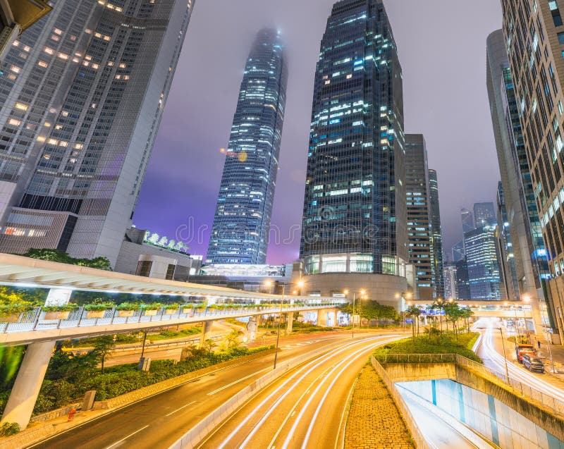 Modern City Skyline with Road Car Light Trails at Night Editorial Image ...