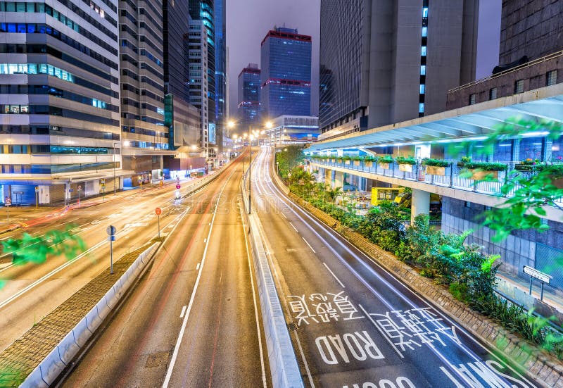 Modern City Skyline with Road Car Light Trails at Night Stock Image ...