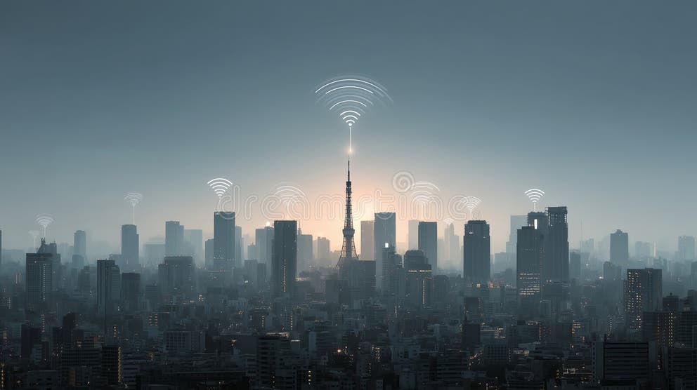 Modern City Skyline with Simple Wireless Network Overlay Stock ...