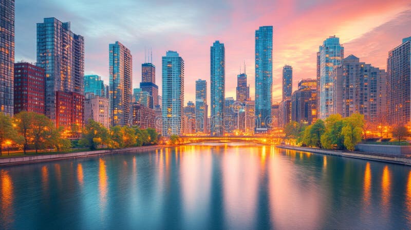 "Modern City Skyline at Sunrise with River Reflection Stock ...