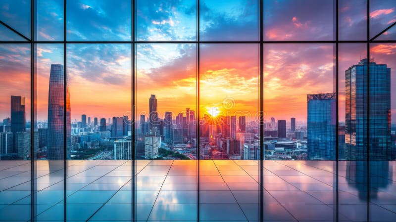 Modern City Skyline Sunset Viewed from Office Window Stock Illustration ...