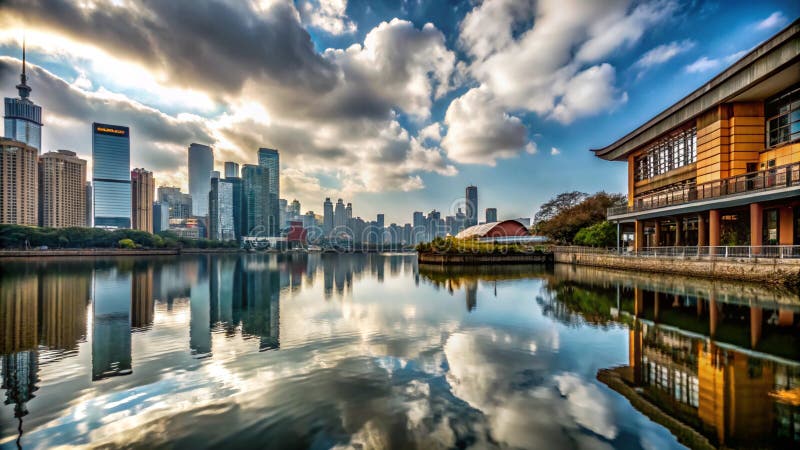 A Modern City Skyline with Traditional Architecture Reflected in a Calm ...