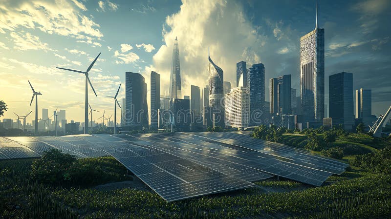 Modern City Skyline with Wind Turbines and Solar Panels Stock ...