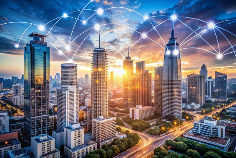 Modern City Skyline with Wireless Network Connection Concept for ...