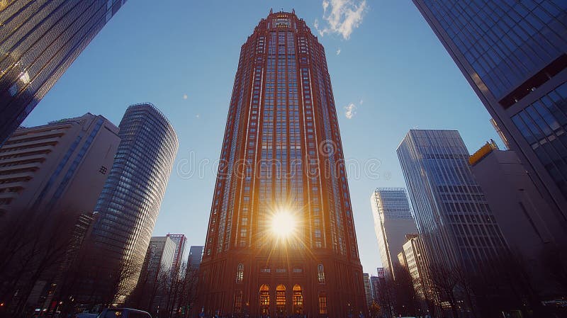 Modern City Skyscraper at Sunset Stock Illustration - Illustration of ...