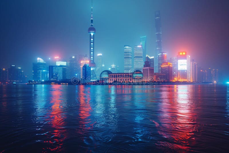 Modern City Skyscrapers at Night Stock Illustration - Illustration of ...