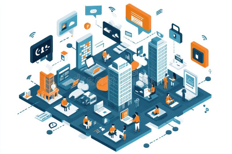 Modern City Smart Office Network Workers Technology Isolated on White ...