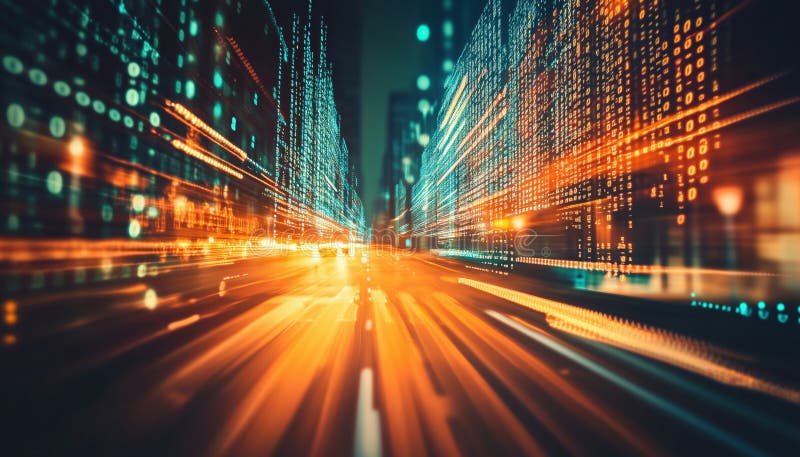 Modern City Street with Binary Code Numbers on Blurred Asphalt Road ...