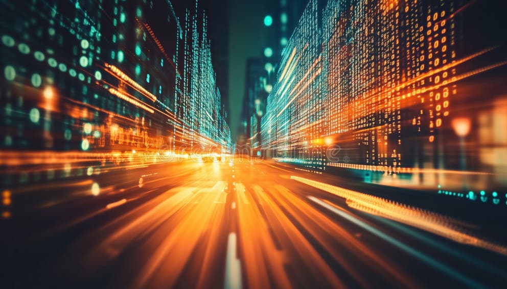 Modern City Street with Binary Code Numbers on Blurred Asphalt Road Stock Image - Image of ...