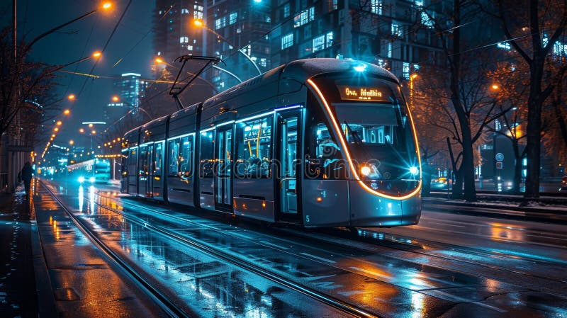 Modern City Tram in Night Rain - Generative Ai Stock Illustration ...