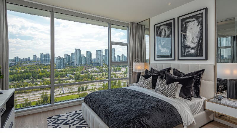 Modern City View Bedroom Interior Showcasing Luxury Stock Image - Image ...