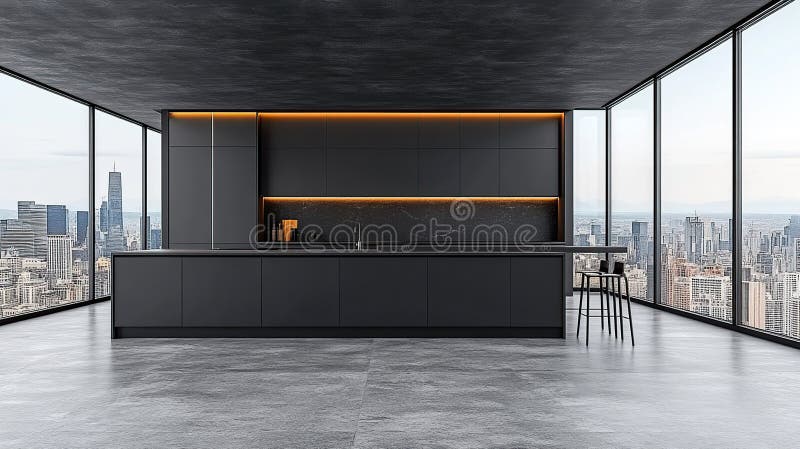 Modern City-view Kitchen Dark Cabinets, Island, Sunrise Stock ...