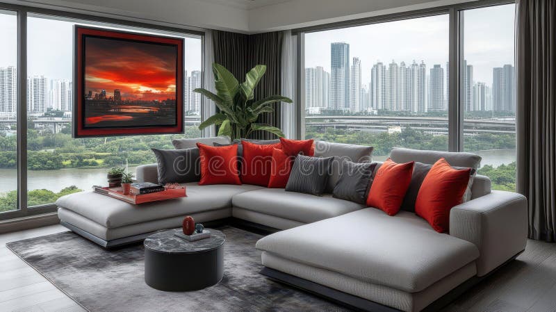 Modern City View Living Room Stock Illustration - Illustration of grey ...